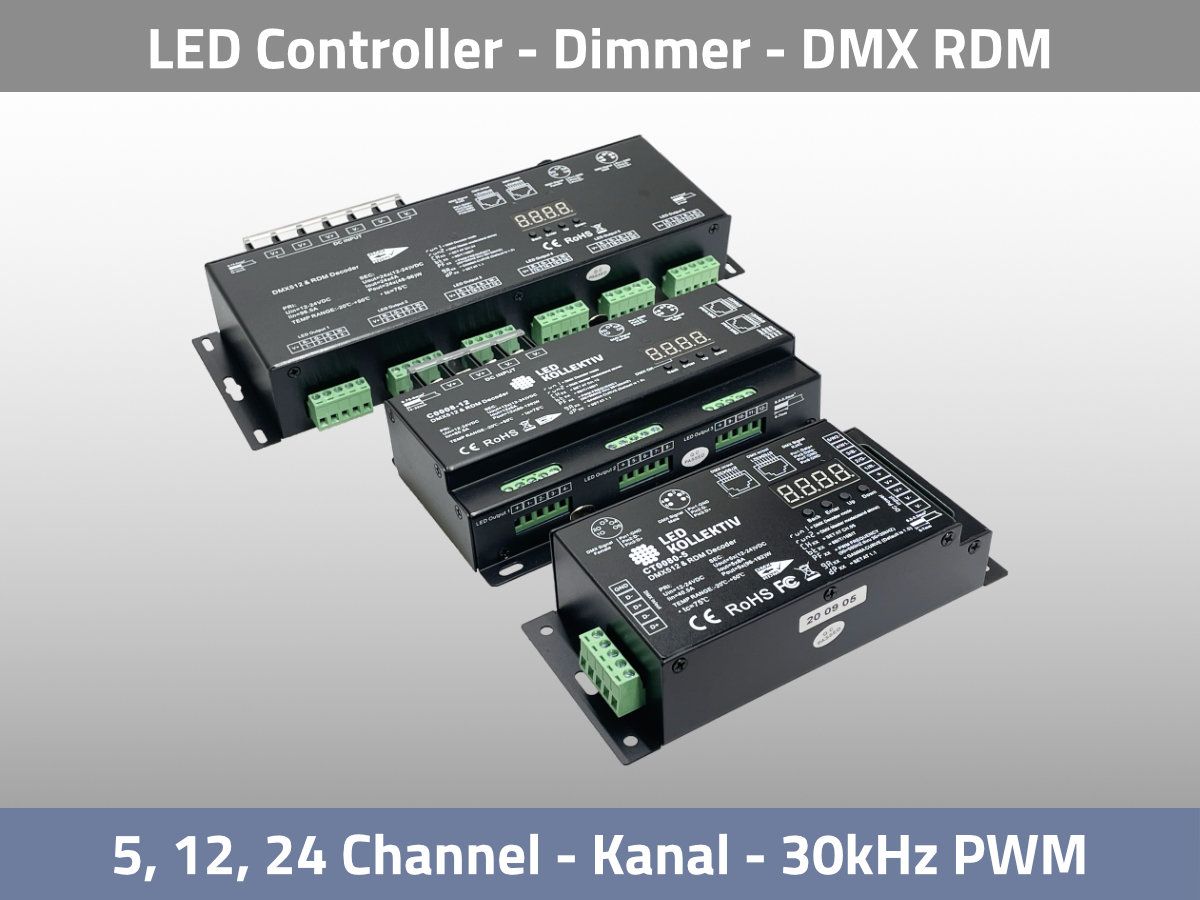 12 Channel DMX RDM LED Controller 12x 5A PWM XLR5 with Master Mode | 8 / 16 Bit | max. 30kHz ...
