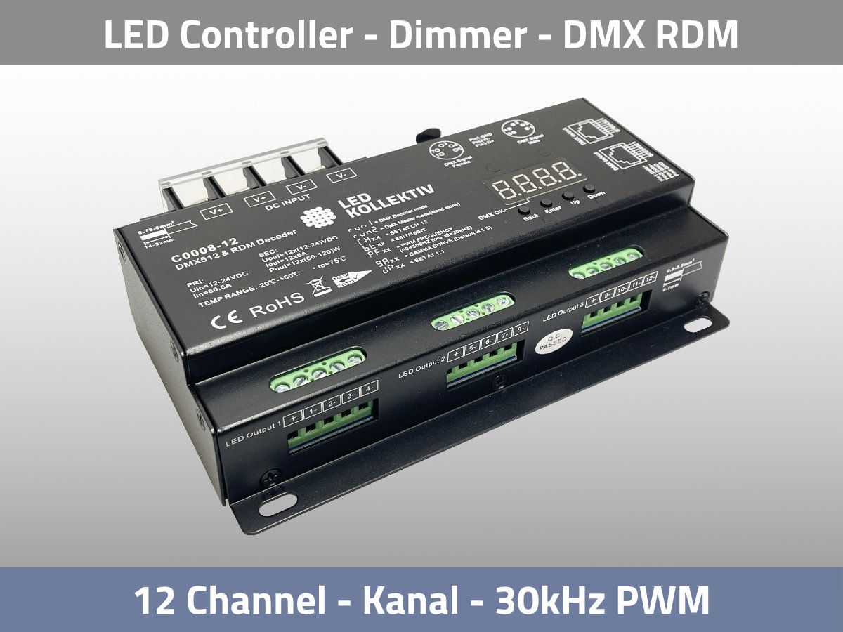12 Channel DMX RDM LED Controller 12x 5A PWM XLR5 with Master Mode | 8 / 16 Bit | max. 30kHz ...