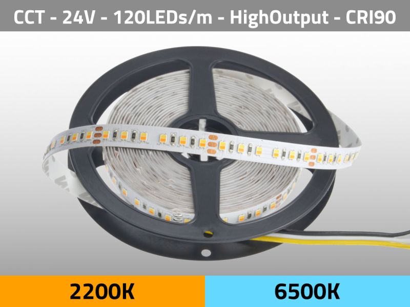 LED Strip CCT 2200K-6500K 24V 28.8W/m 120LEDs/m HighOutput CRI90 ...
